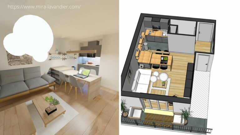 3 options: aménagement salon cuisine 20m2