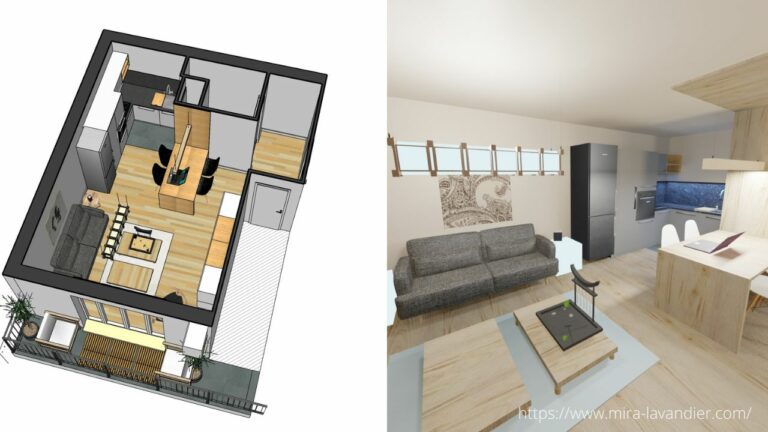 3 options: aménagement salon cuisine 20m2