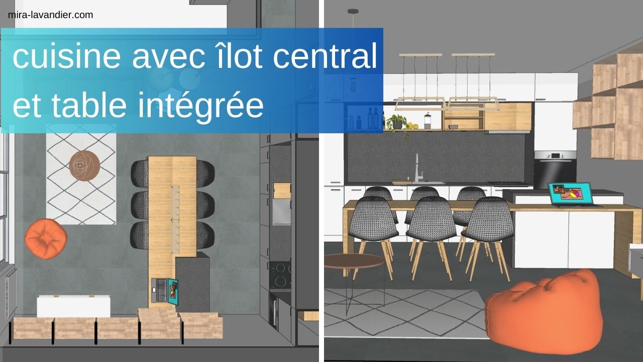 3 exemples de cuisine avec îlot central et table intégrée